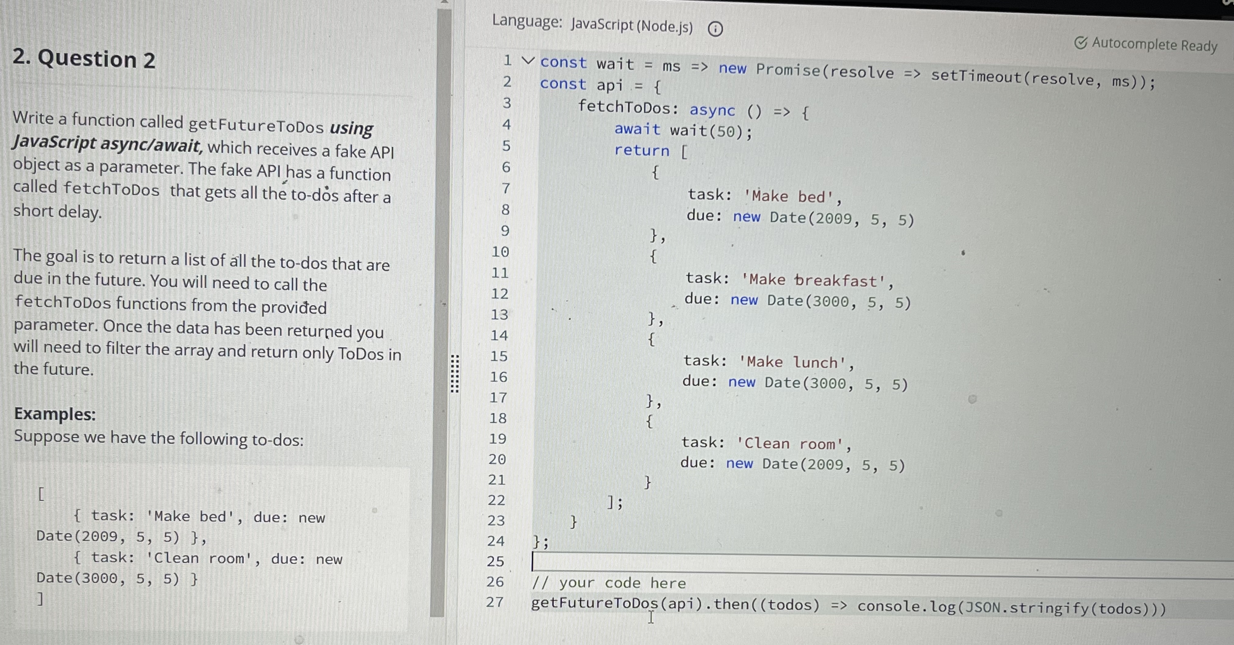 Solved 2. Question 2 Language: JavaScript (Node.js) (i) | Chegg.com