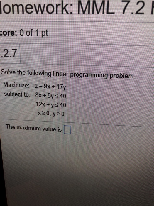Solved omework: MML 7.2 core: 0 of 1 pt .2.7 Solve the | Chegg.com
