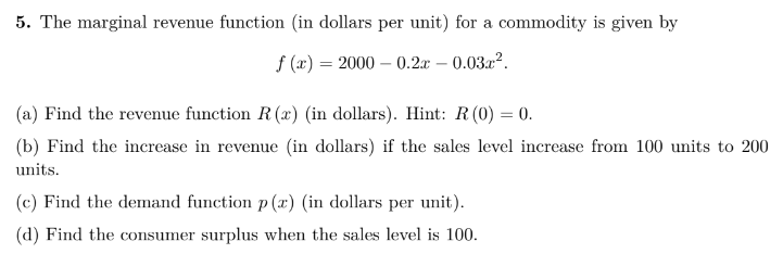 Solved 5. The marginal revenue function (in dollars per | Chegg.com