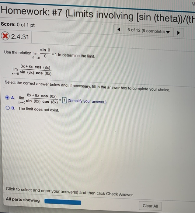 Solved Homework: #7 (Limits involving [sin (theta)/(th | Chegg.com