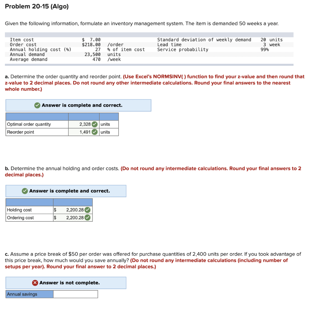Solved c. Assume a price break of $50 per order was offered | Chegg.com
