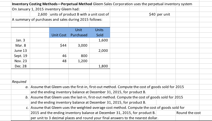 Solved Inventory Costing Methods-Perpetual Method Gleem | Chegg.com