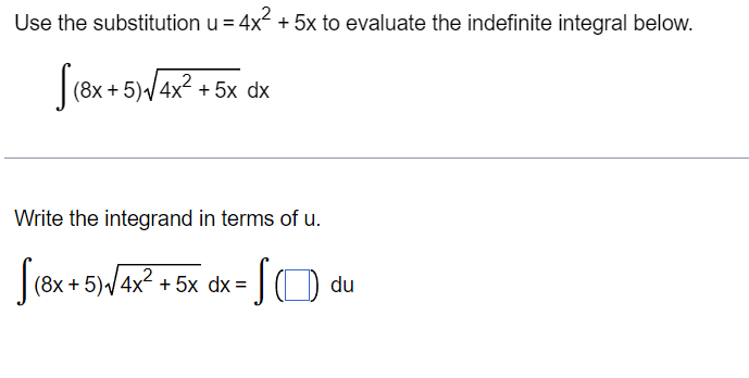 Solved Use the substitution u=9x2+5 to find the following | Chegg.com