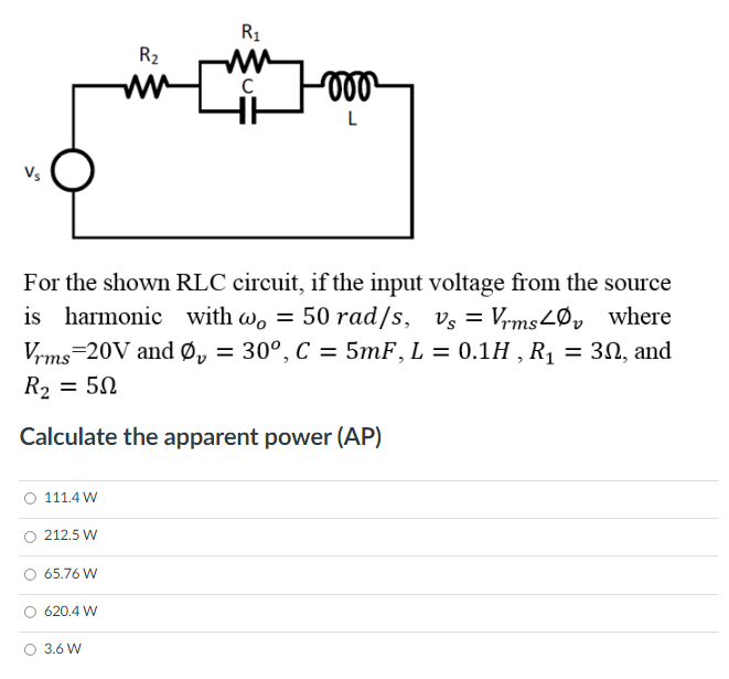 Solved R1 R2 w С -000 HE L For the shown RLC circuit, if the | Chegg.com