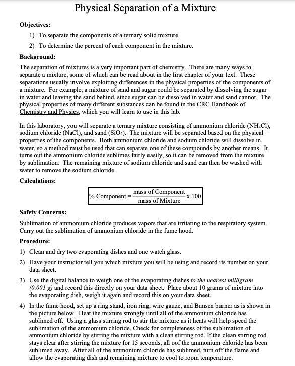 Solved Physical Separation of a Mixture Objectives: 1) To | Chegg.com