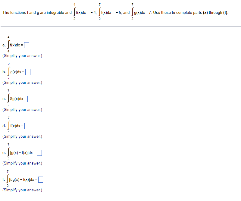 Solved 7 7 The functions f and g are integrable and (fx)dx = | Chegg.com