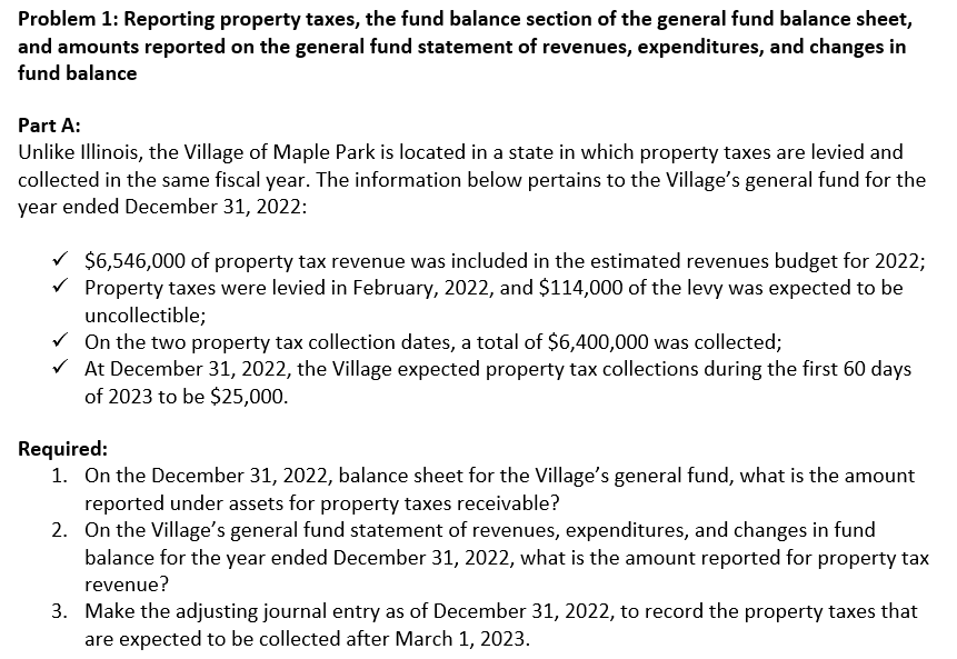 Problem 1: Reporting property taxes, the fund balance | Chegg.com