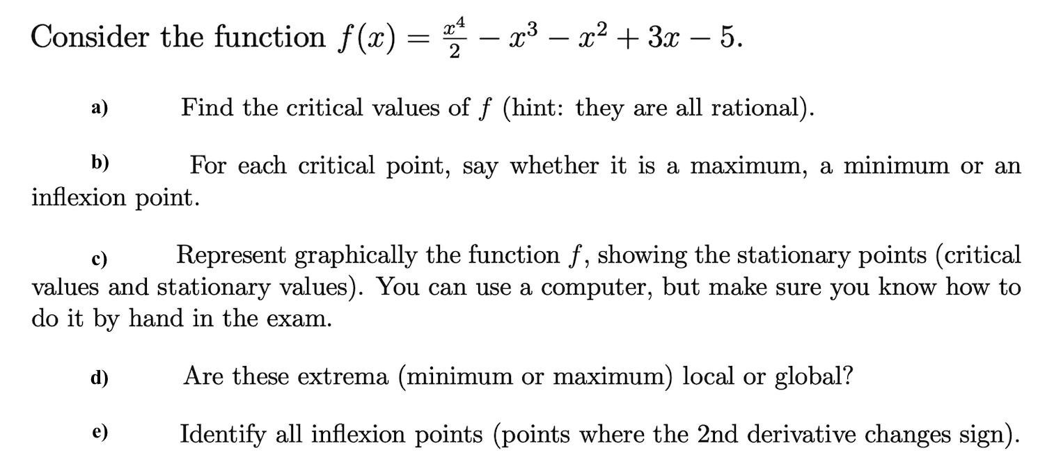 Solved Consider the function f(x)=2x4−x3−x2+3x−5. a) Find | Chegg.com