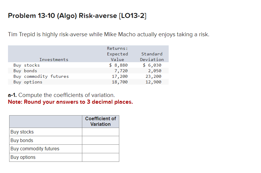 Solved Problem 13-10 (Algo) Risk-averse [LO13-2] Tim Trepid | Chegg.com