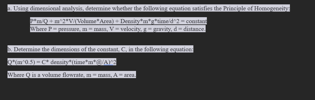 Solved a. ﻿Using dimensional analysis, determine whether the | Chegg.com