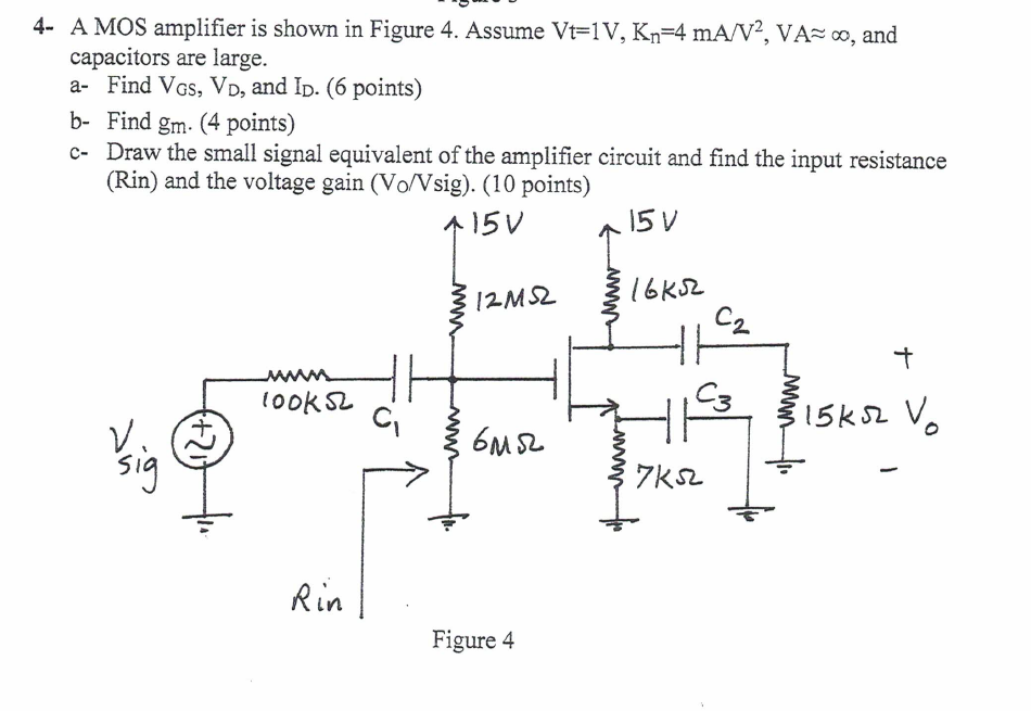 Solved 4. A MOS amplifier is shown in Figure 4. Assume | Chegg.com