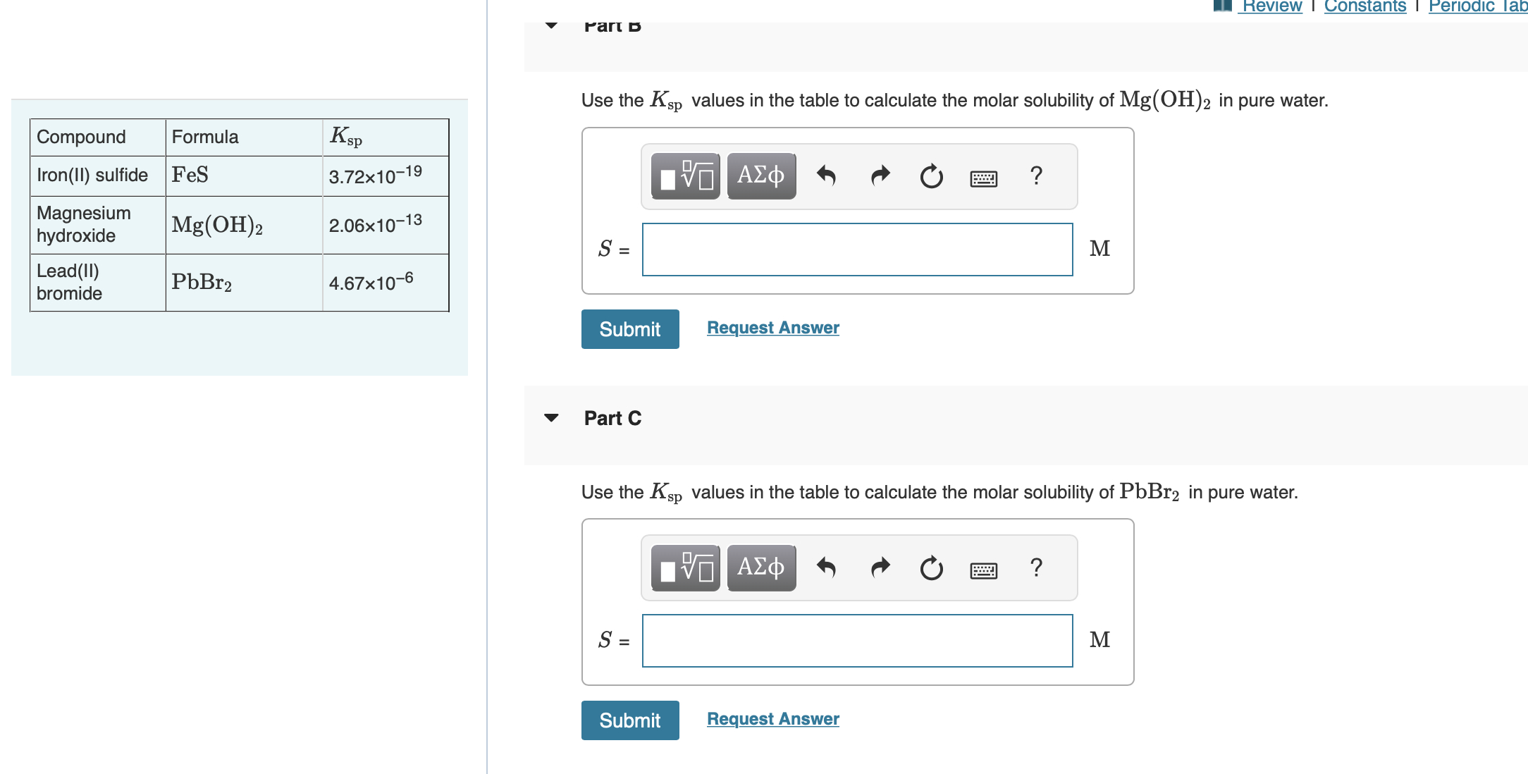 Solved Use the Ksp values in the table to calculate the | Chegg.com
