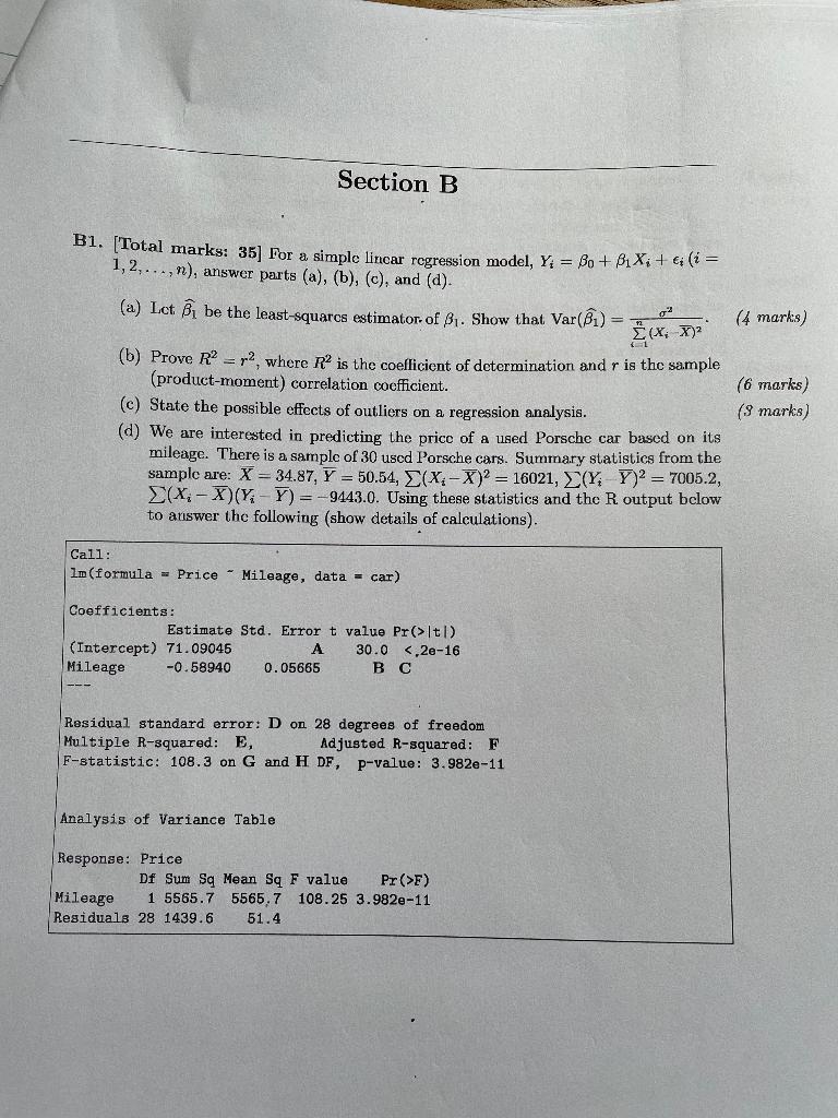 B1. [Total marks: 35] For a simple linear regression | Chegg.com