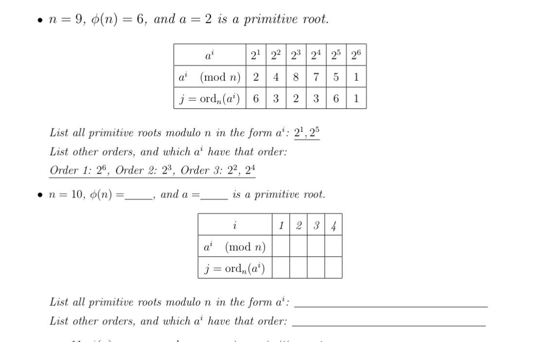 Solved - n=9,ϕ(n)=6, and a=2 is a primitive root. List all | Chegg.com