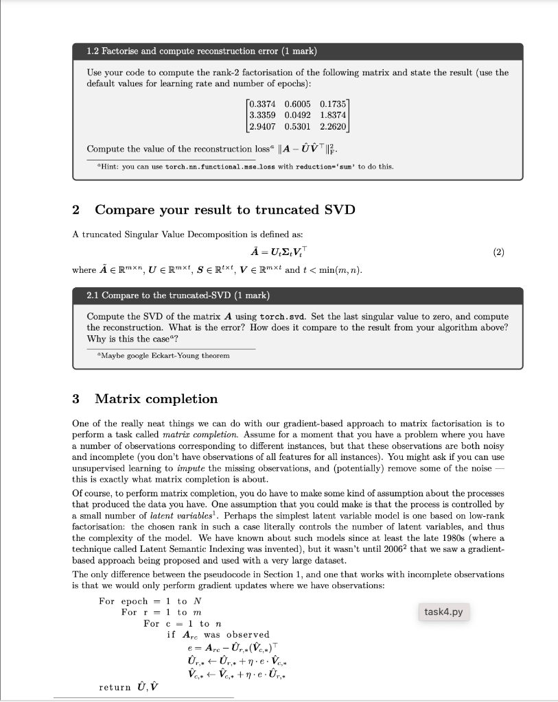 Solved 1 Implement a matrix factorisation using gradient | Chegg.com
