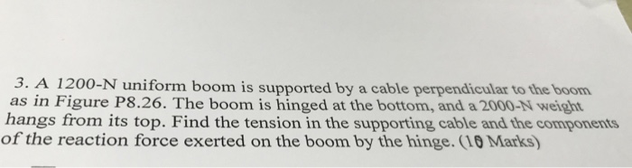 Solved 3. A 1200-N uniform boom is supported by a cable | Chegg.com