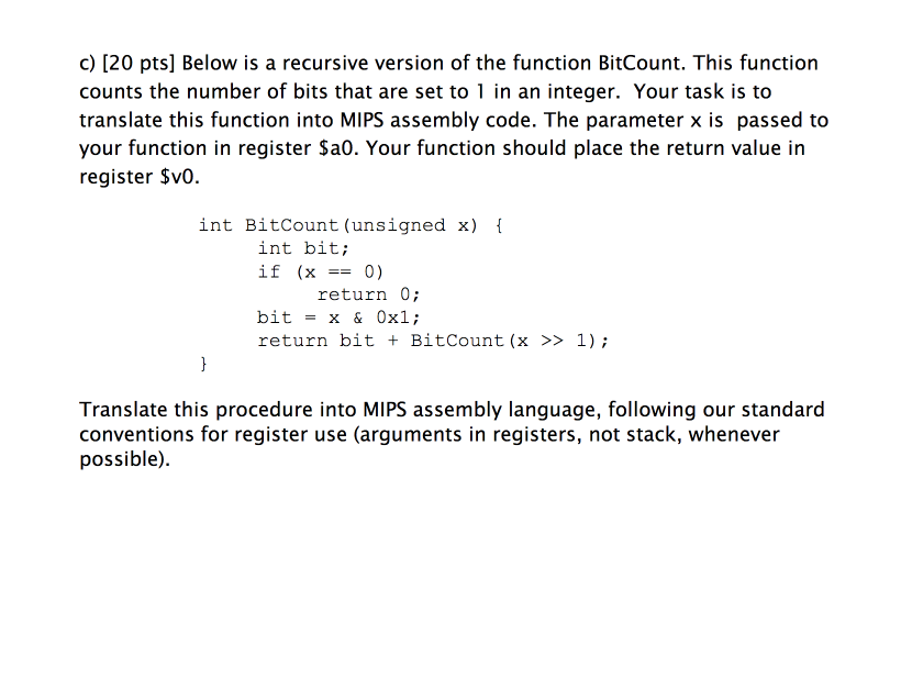 Solved C 20 Pts Recursive Version Function Bitcount Function Counts Number Bits Set 1