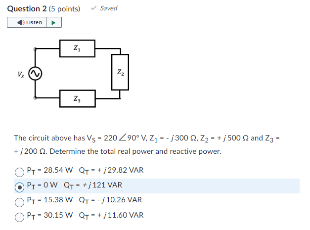 Solved The circuit above has VS=220∠90∘V,Z1=−j300Ω,Z2=+j500Ω | Chegg.com