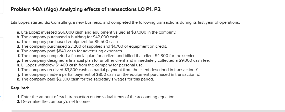 Solved Problem 1-8A (Algo) Analyzing effects of transactions | Chegg.com Solved Problem 1-8A (Algo) Analyzing effects of transactions | Chegg.com