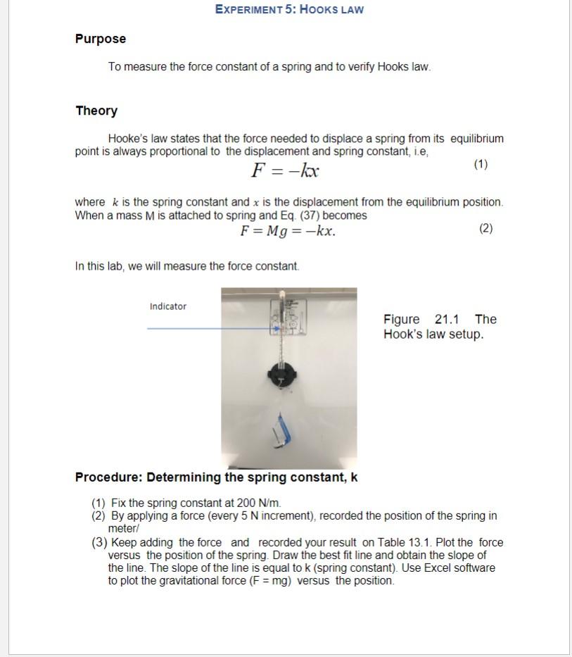 Purpose To measure the force constant of a spring and | Chegg.com