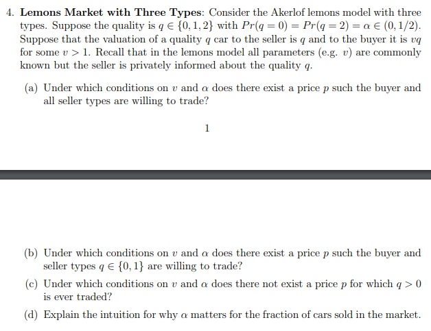 4. Lemons Market with Three Types: Consider the | Chegg.com