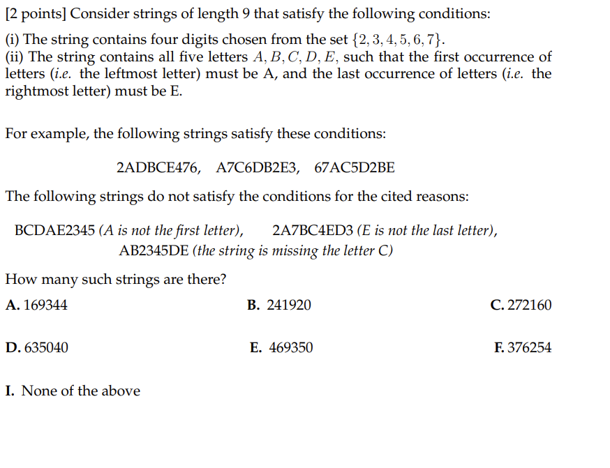 Solved [2 points] Consider strings of length 9 that satisfy | Chegg.com