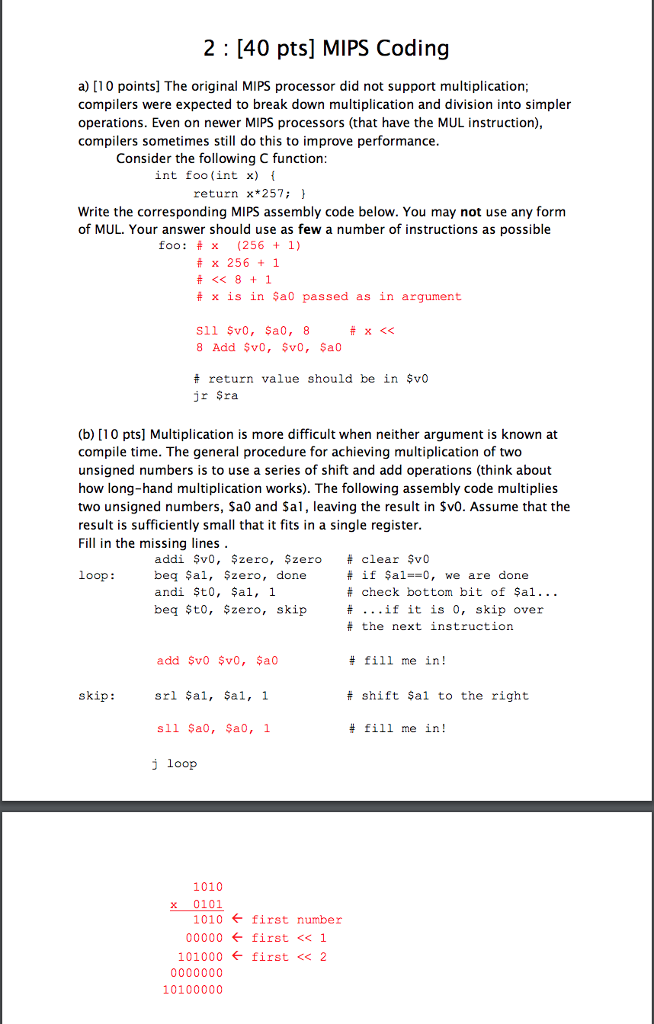 Solved 2 : [40 pts] MIPS Coding a) [10 points] The original | Chegg.com