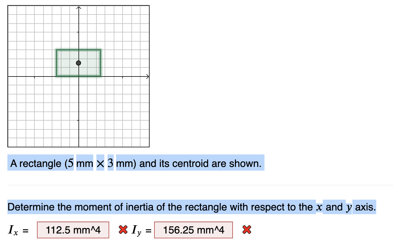Solved A rectangle (5mm×3mm) and its centroid are shown. | Chegg.com