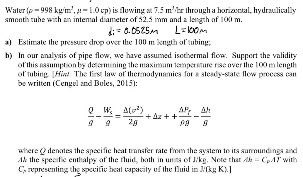 Solved Water (ρ=998 kg/m3,μ=1.0cp) is flowing at 7.5 m3/hr | Chegg.com
