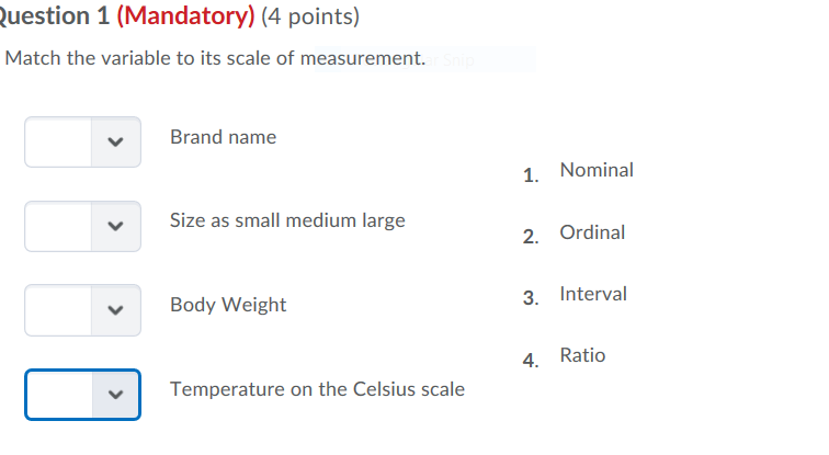 Solved uestion 1 (Mandatory) (4 points) Match the variable | Chegg.com