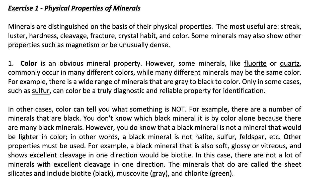 Solved Exercise 1 - ﻿Physical Properties of MineralsMinerals | Chegg.com