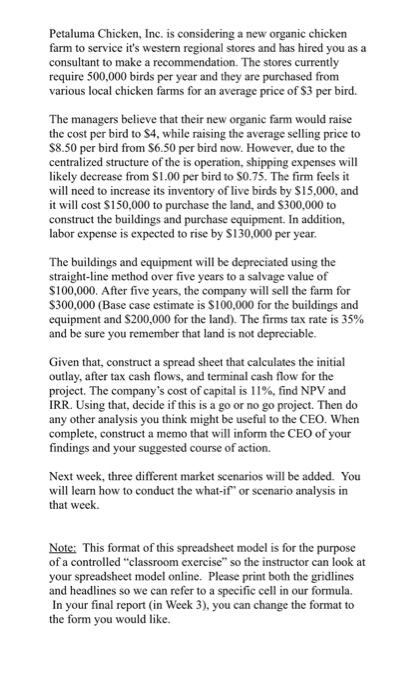 Petaluma Chicken, Inc. is considering a new organic | Chegg.com