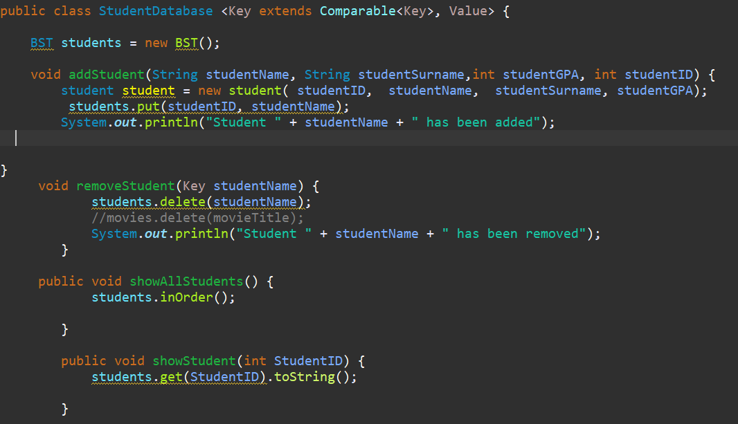 Solved public class StudentDatabase , Value> { BST students | Chegg.com