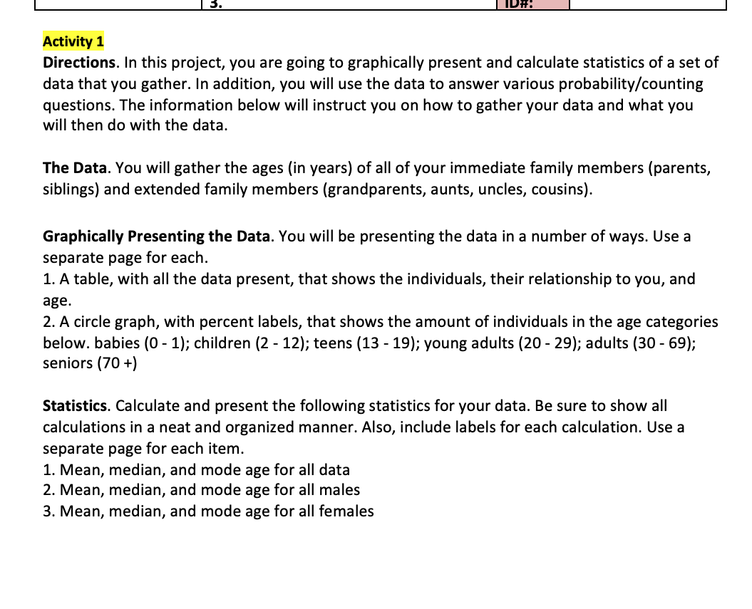 Solved ID# Activity 1 Directions. In this project, you are | Chegg.com