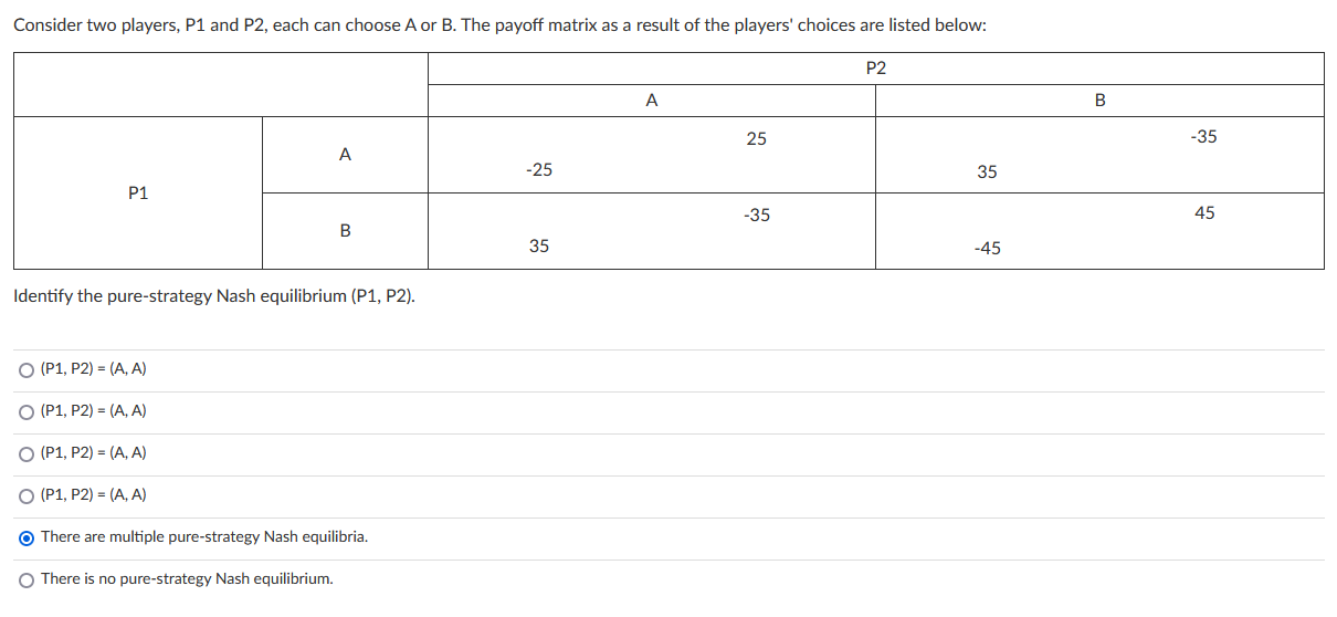 Solved Consider two players, P1 and P2, each can choose A or | Chegg.com