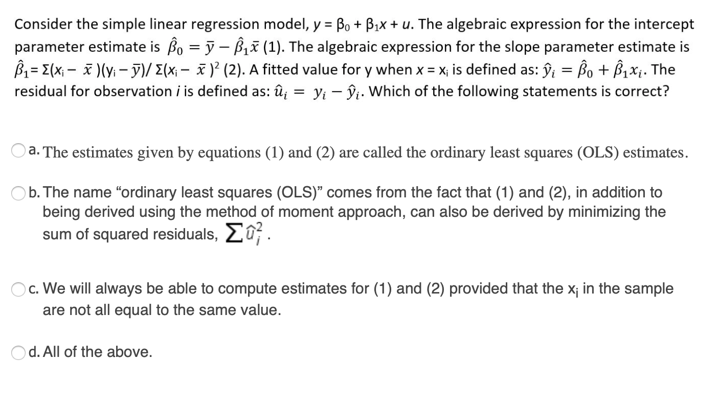 Solved Consider the simple linear regression model, y = Bo + | Chegg.com