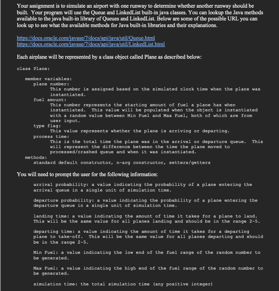 Your assignment is to simulate an airport with one | Chegg.com