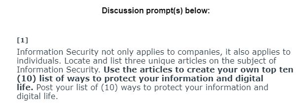 Solved Discussion prompt(s) below: [1] Information Security | Chegg.com