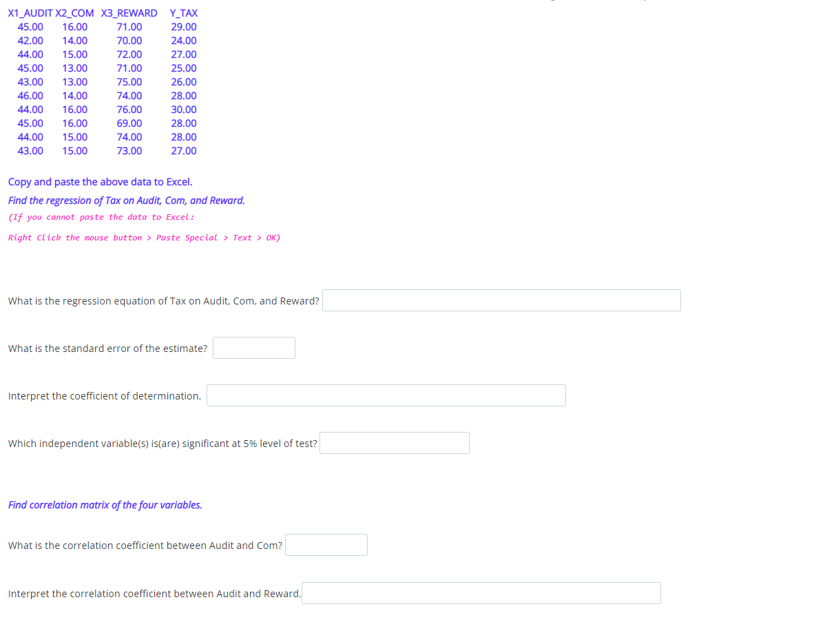 Solved Copy and paste the above data to Excel. Find the | Chegg.com