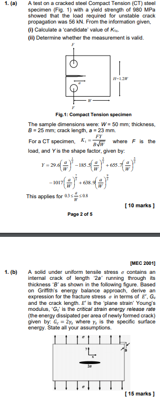 Solved 1. (a) A test on a cracked steel Compact Tension (CT) | Chegg.com
