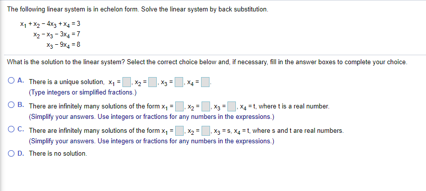 Solved The following linear system is in echelon form. Solve | Chegg.com