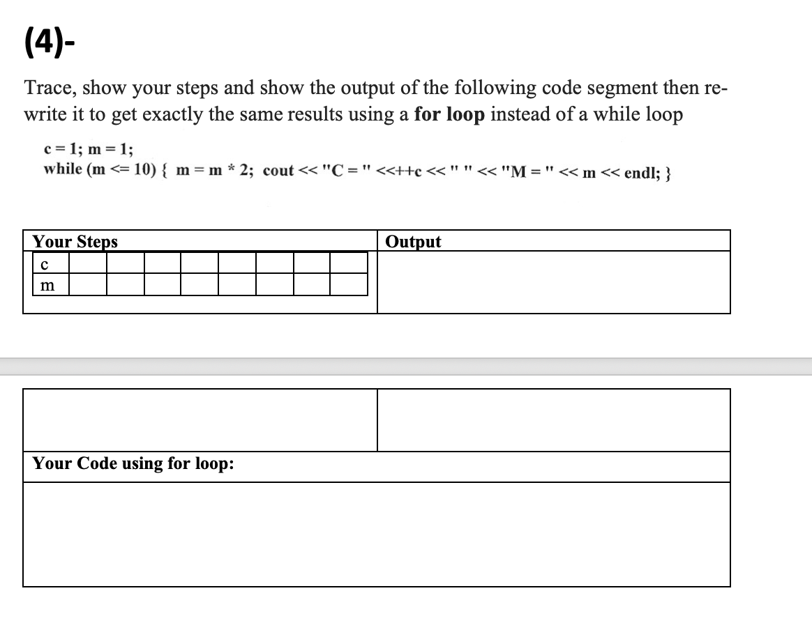 Solved (4)- Trace, show your steps and show the output of | Chegg.com