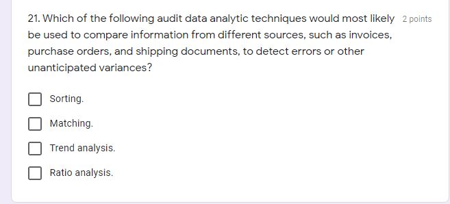 Solved 21. Which of the following audit data analytic | Chegg.com