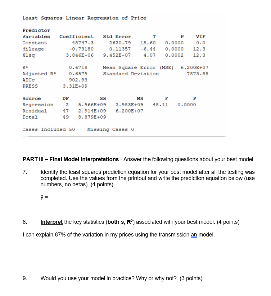 Solved Least Squares Linear Regression of Price Predictor | Chegg.com