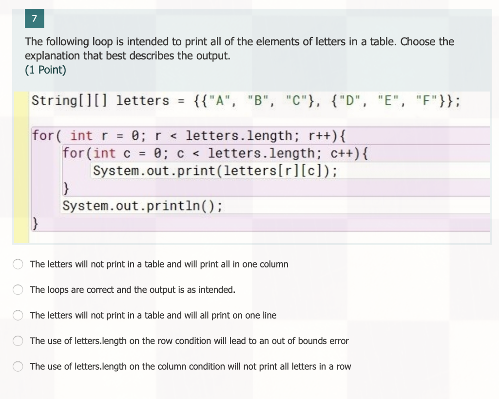 Solved 7 The following loop is intended to print all of the | Chegg.com