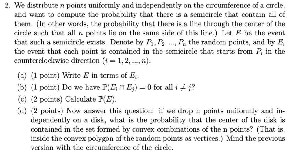 Solved 2. We distribute n points uniformly and independently | Chegg.com