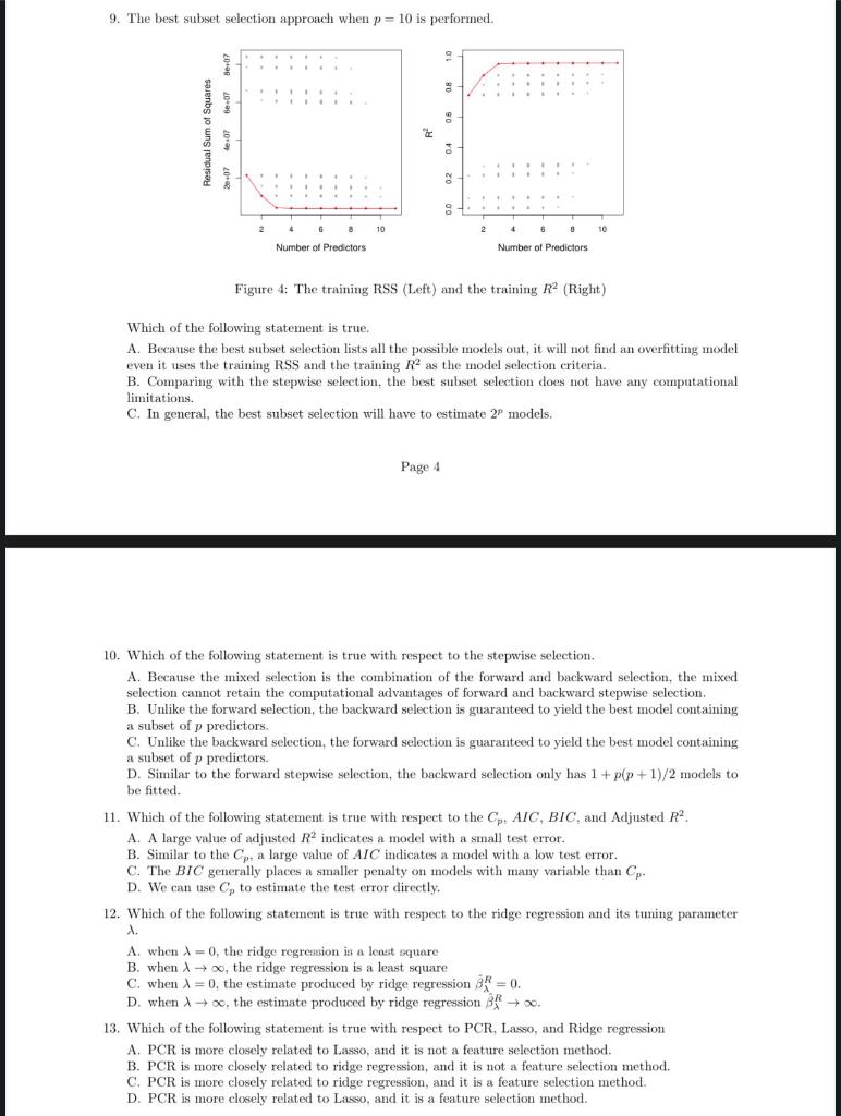 9. The best subset selection approach when p=10 is | Chegg.com