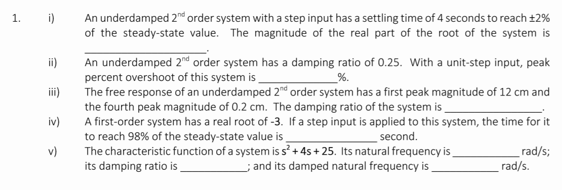 Solved 1. i) An underdamped 2nd order system with a step | Chegg.com
