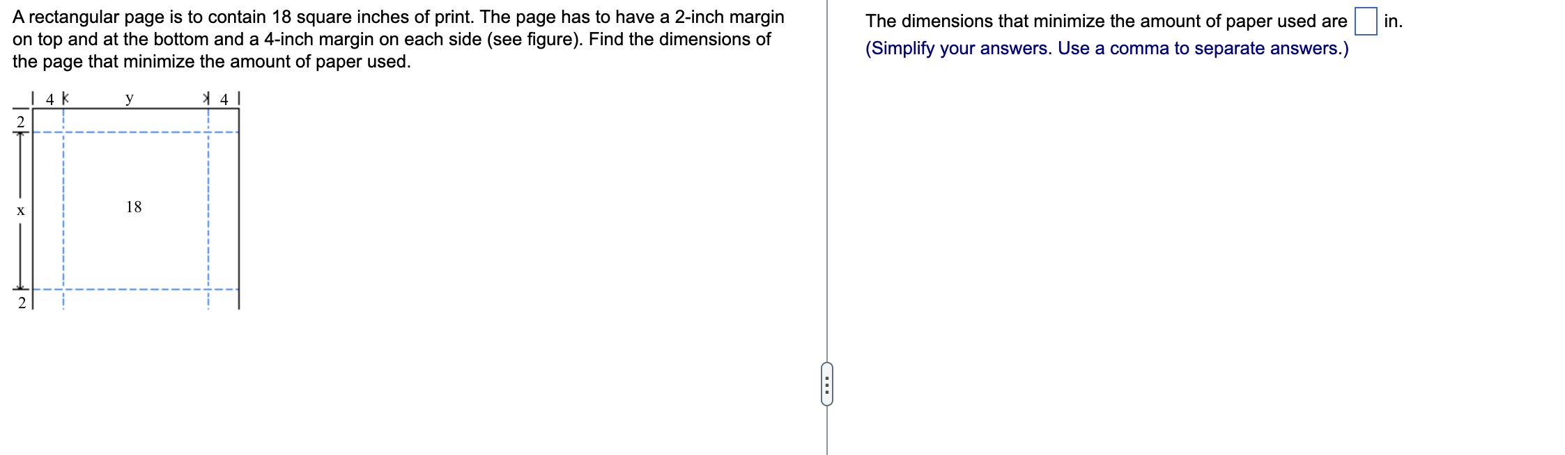 Solved A rectangular page is to contain 18 square inches of | Chegg.com