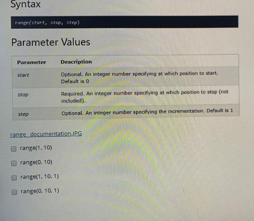 Solved Syntax range (start, stop, step) Parameter Values | Chegg.com